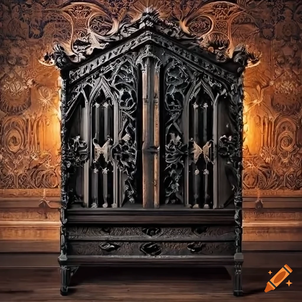 Whimsical gothic vintage wooden wardrobe with intricate carvings in ...
