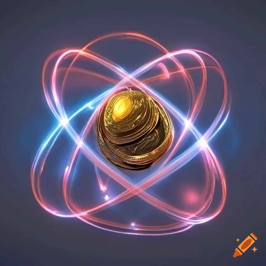 Conceptual artwork of an atom with golden coins as electrons on Craiyon