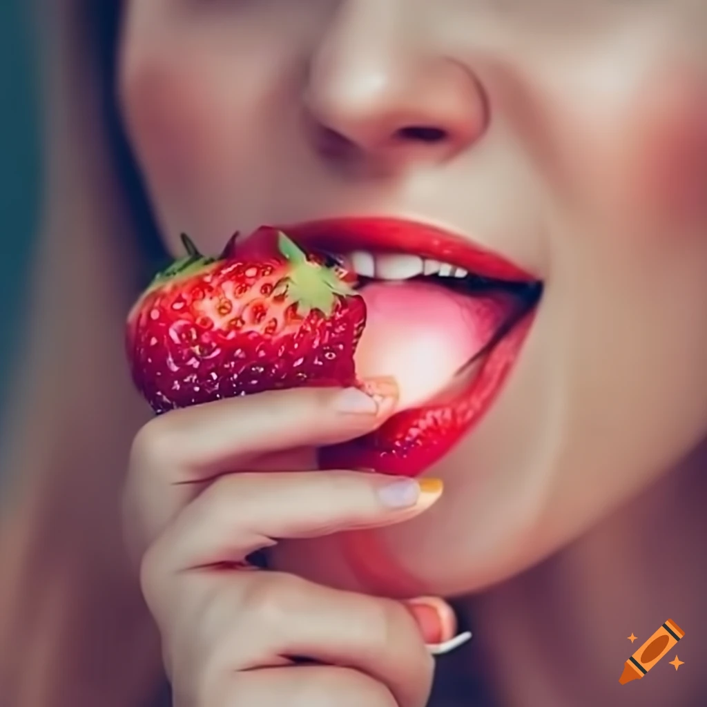 Woman enjoying a sweet strawberry on Craiyon