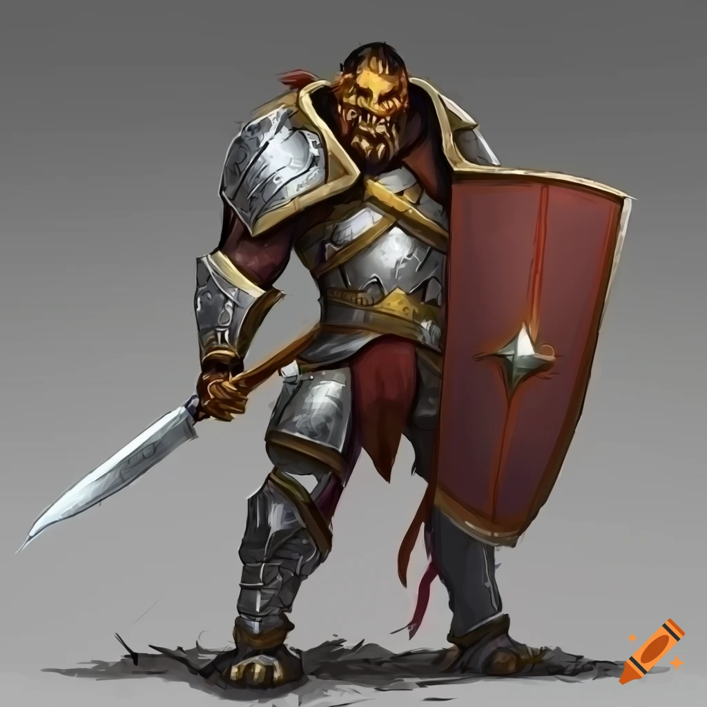Heavily armored hobgoblin paladin with shield and sword on Craiyon