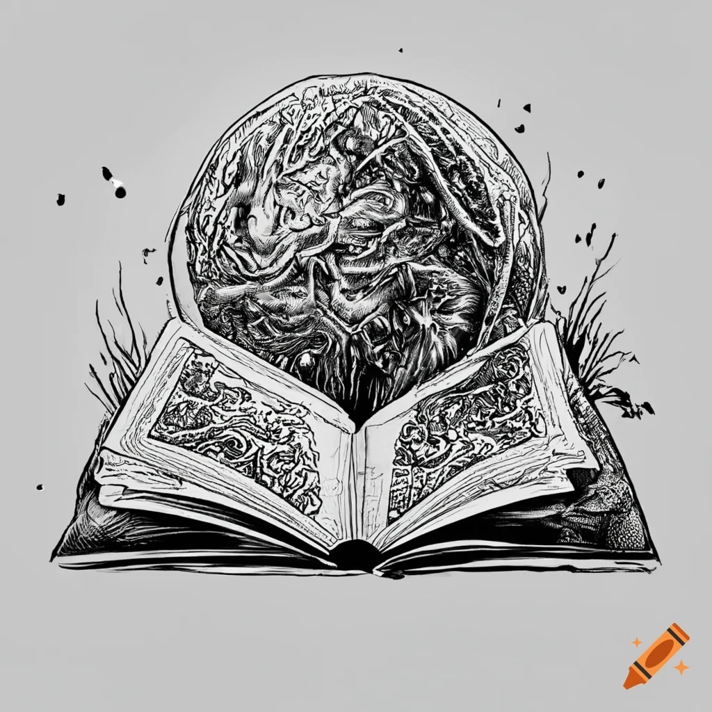 Detailed black ink illustration of an old open book on Craiyon