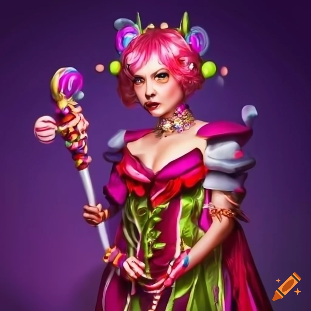 Portrait of candy queen holding a candy weapon on Craiyon