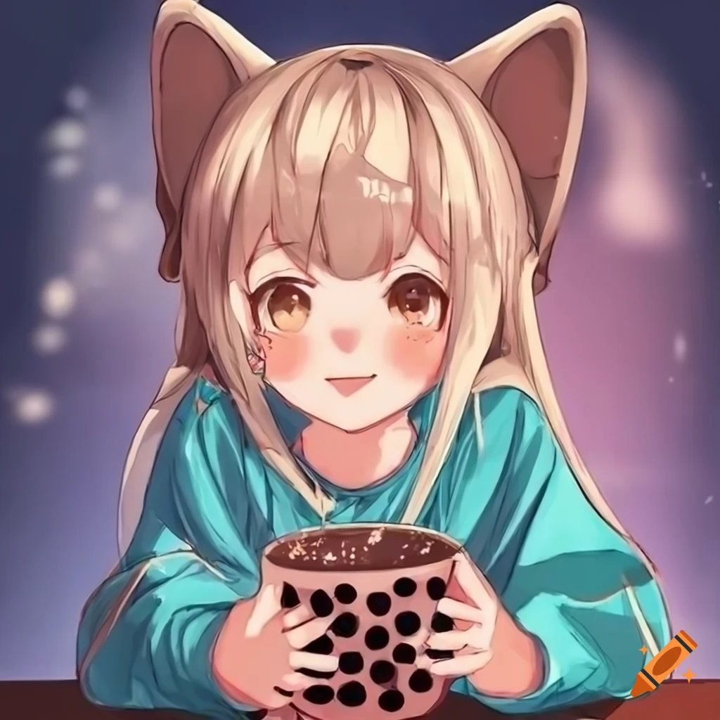 Anime cat girl at a cafe with boba and a cute boy nearby on Craiyon
