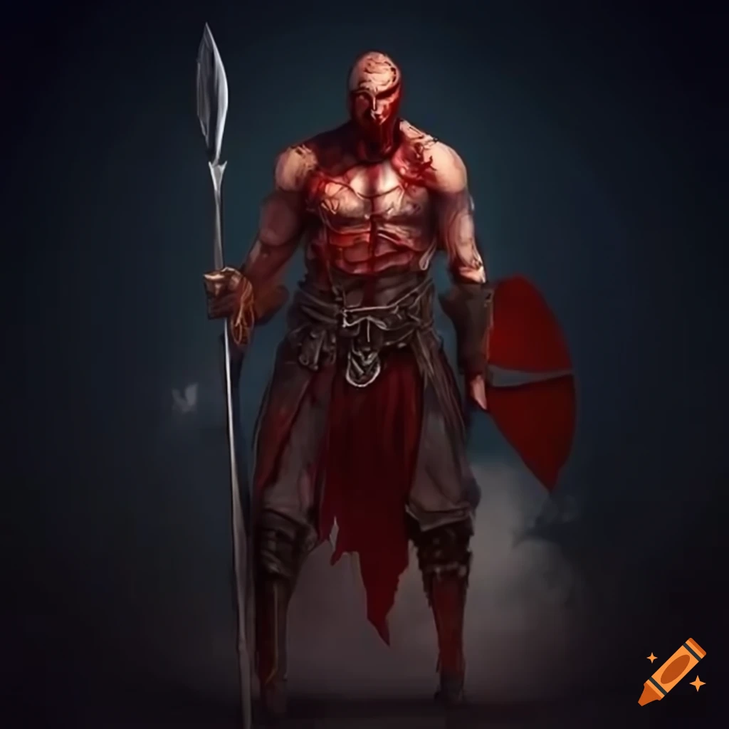 Blooded warrior standing with spear on a battlefield on Craiyon