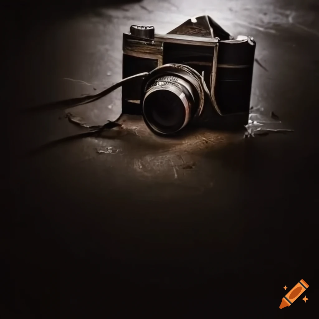 Old broken camera on the shed floor in black and white on Craiyon