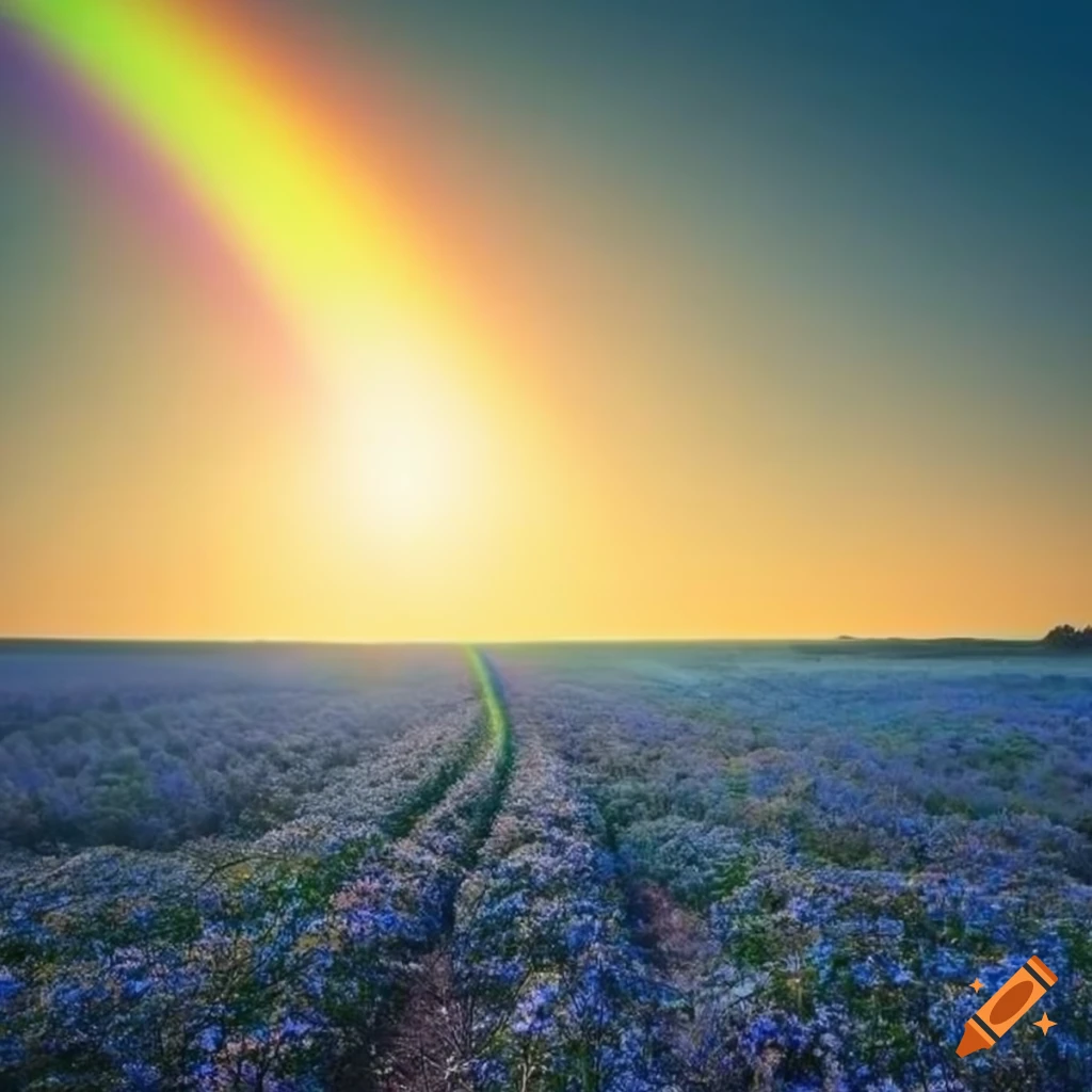 Rainbow at shining sunrise over forget-me-not field with clear skies on ...