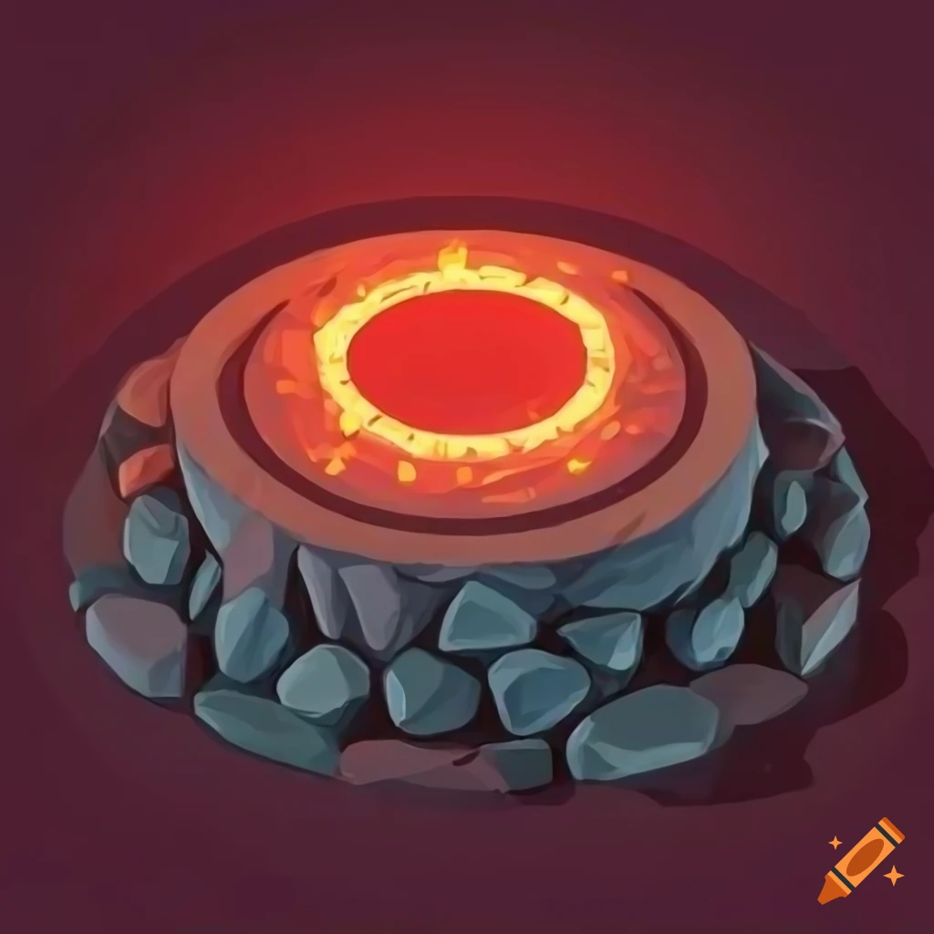 Isometric view of a round stone altar with red glowing stones on Craiyon