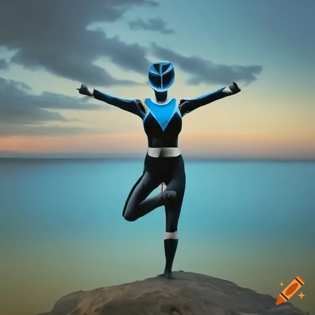 Blue Power Ranger in a yoga pose in serene nature landscape on Craiyon