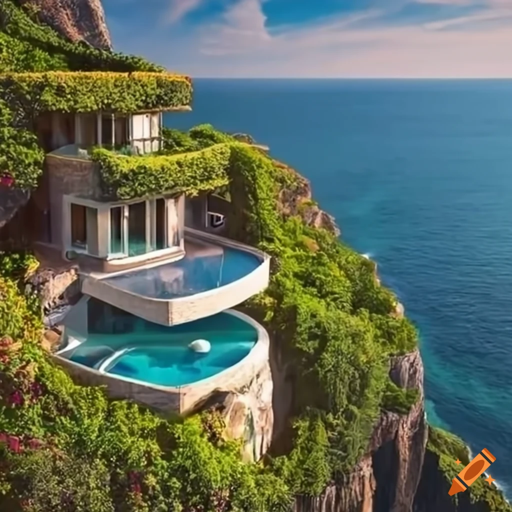 Luxurious villa on cliff with waterfall and ocean view surrounded by ...