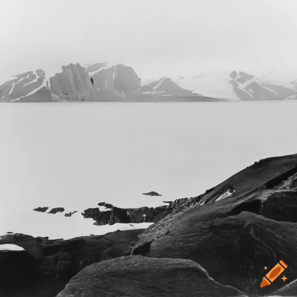 Ancient structures in antarctic backdrop from 1930s expedition on Craiyon