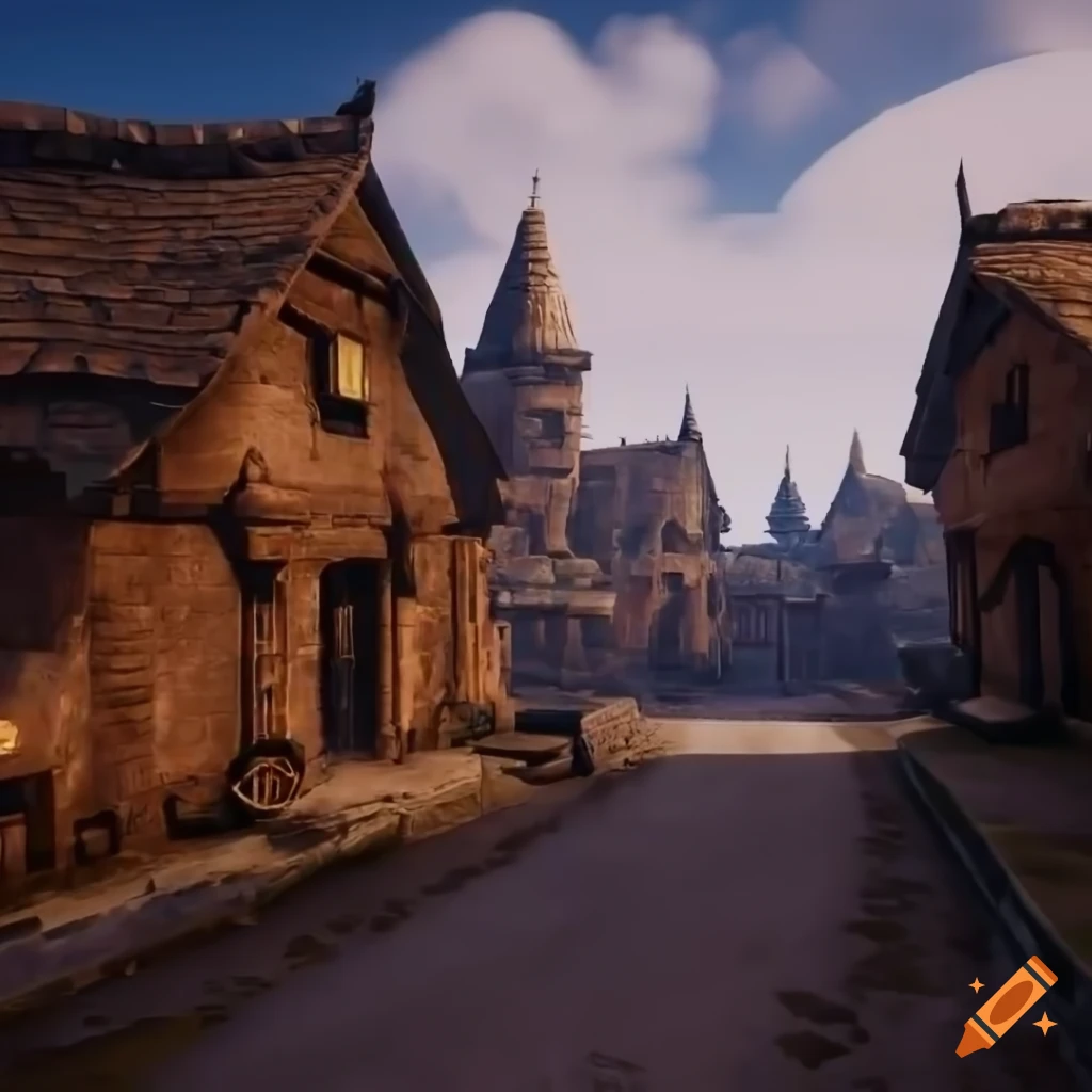 Etruscan-hittite-viking sci-fi colored village street with temple under ...