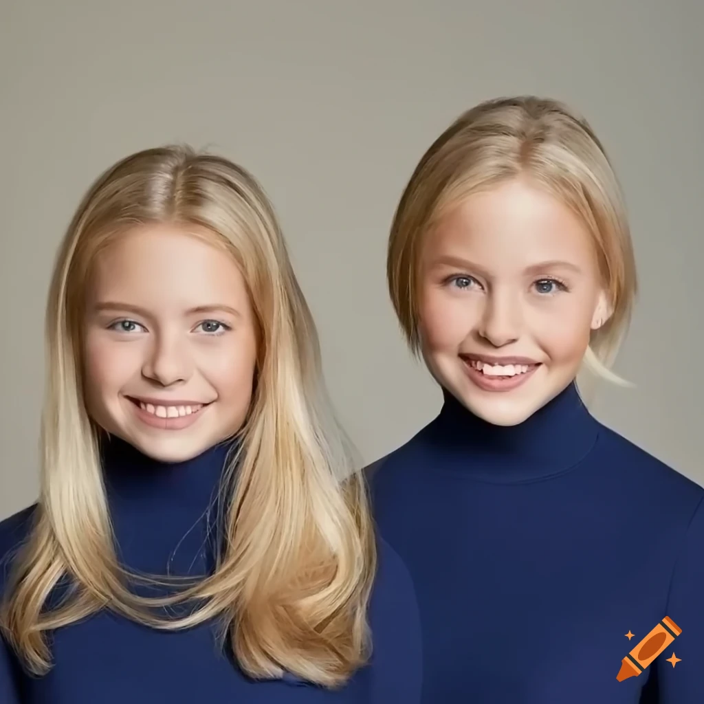 Two smiling blond twin girls in elegant navy turtlenecks on Craiyon