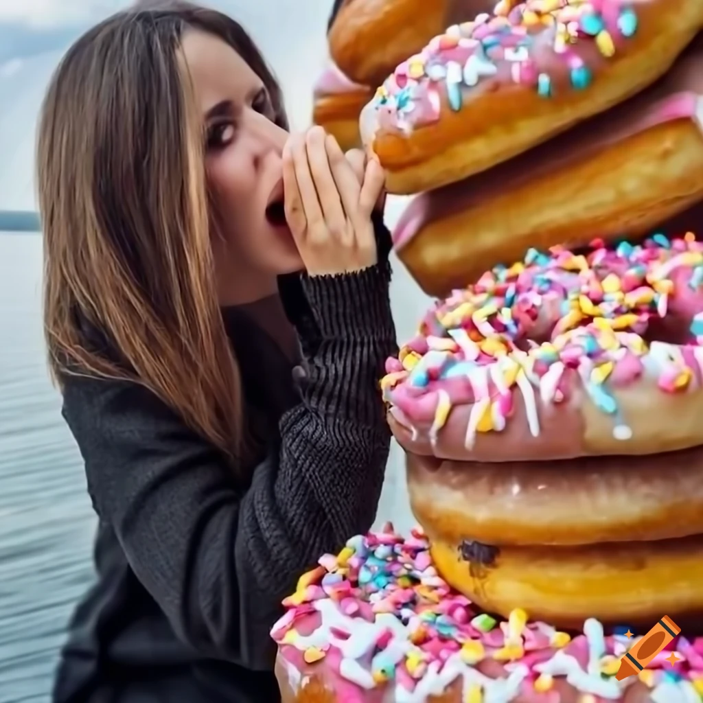 Young woman enjoying a pile of donuts on Craiyon