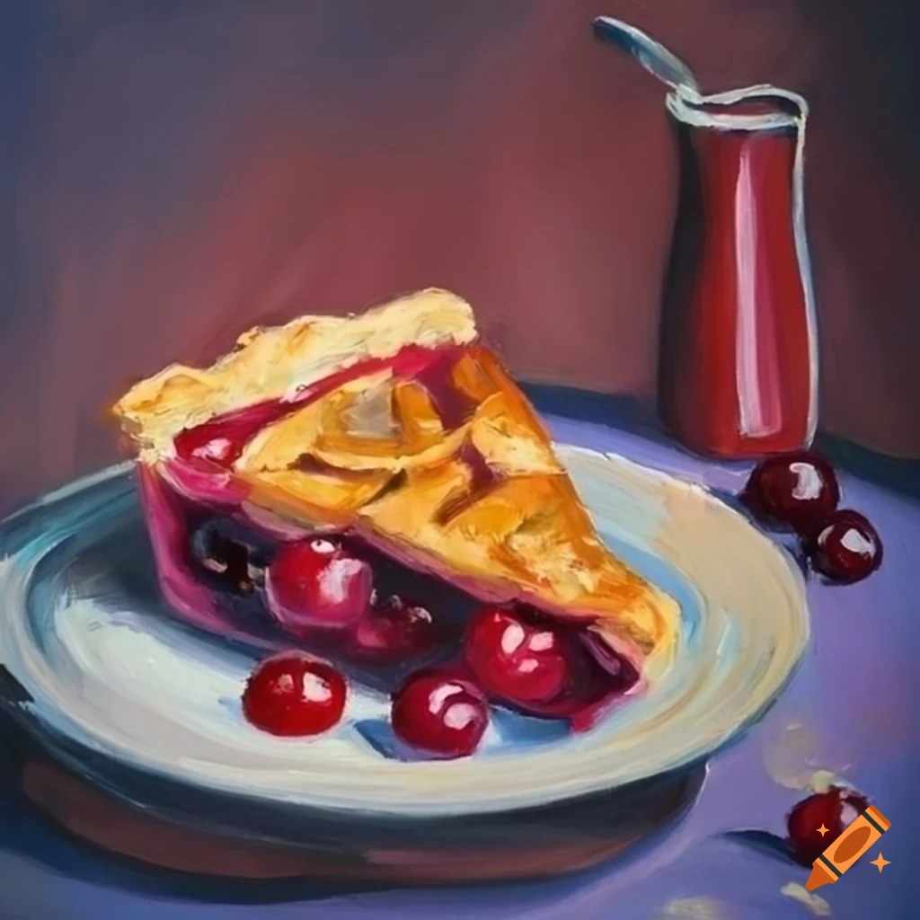Slice of cherry pie on a plate in an oil painting on Craiyon