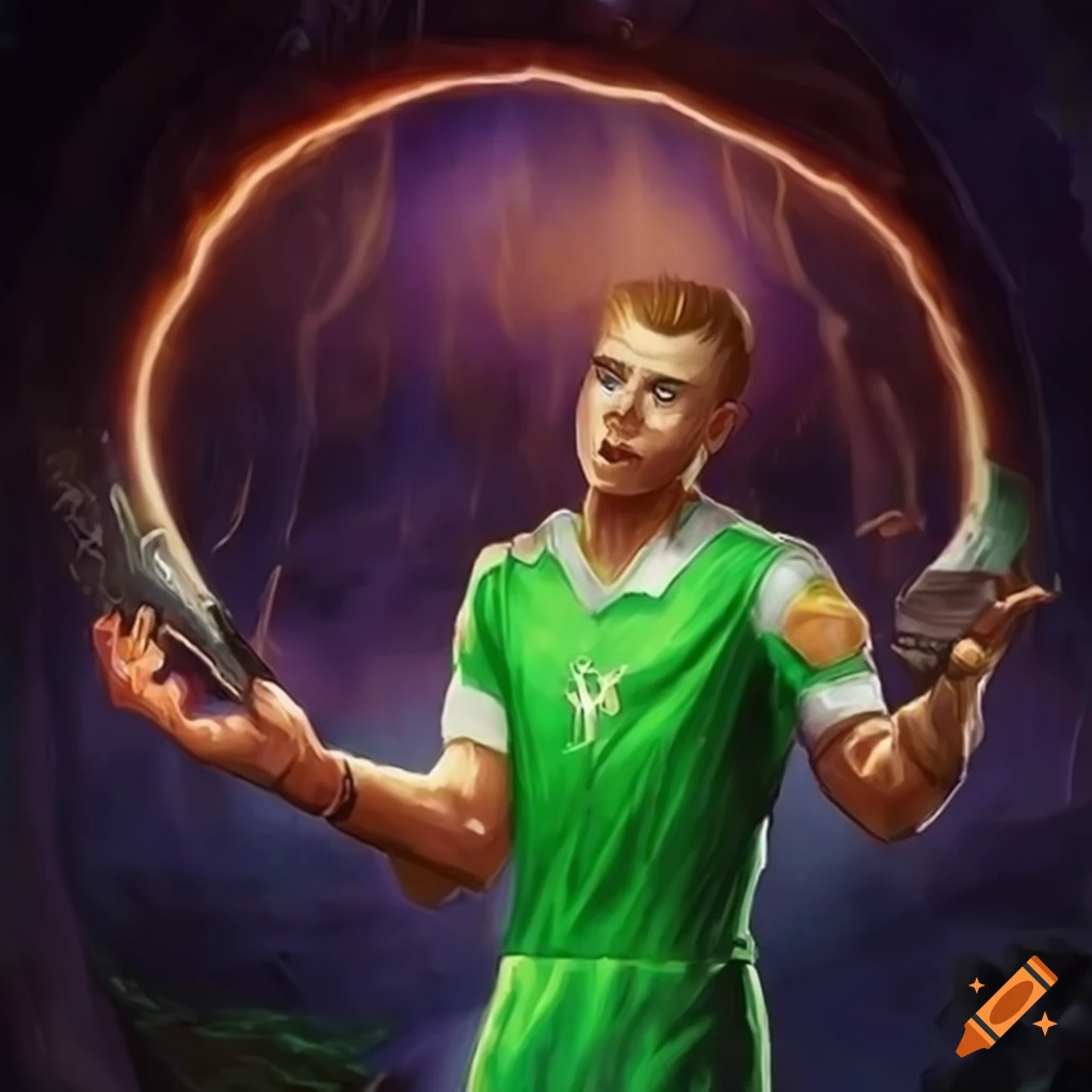 Illustration of Magic the Gathering with green footballers on Craiyon