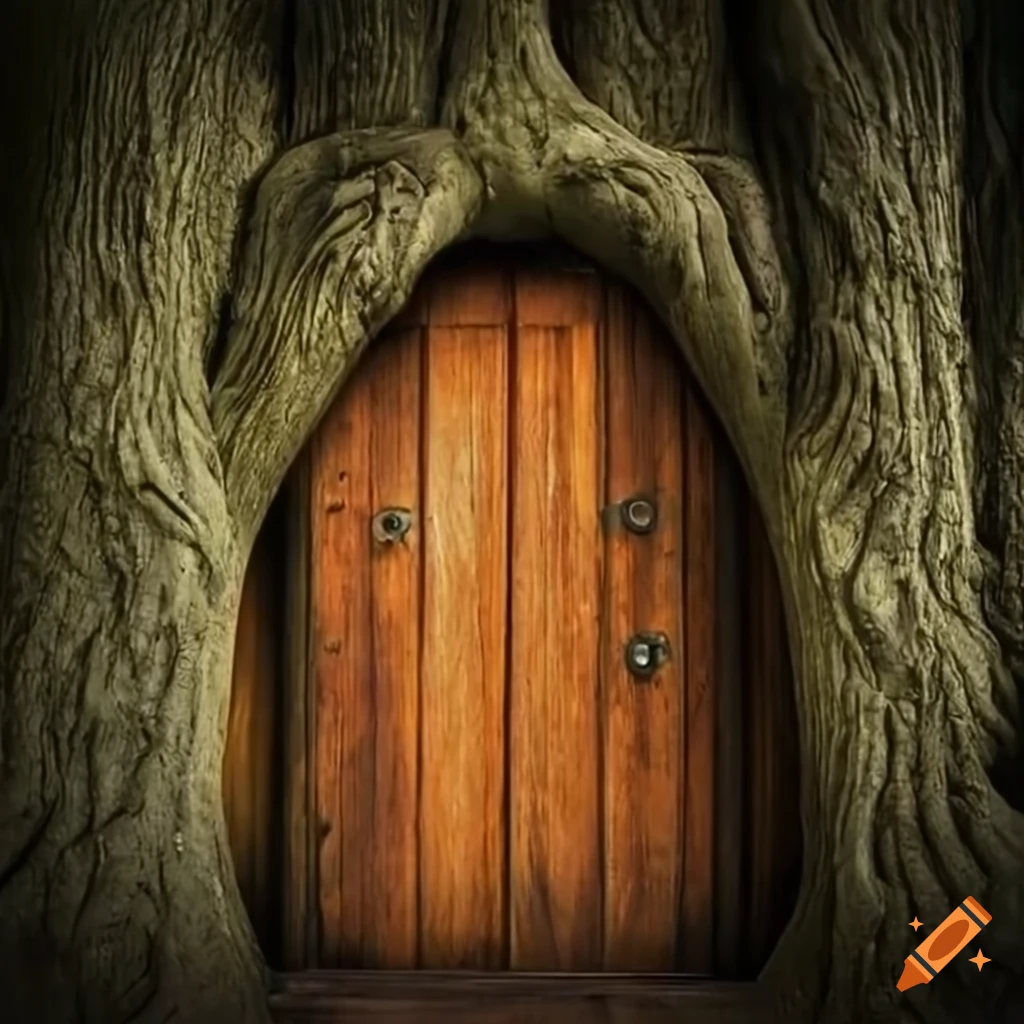 Small wooden door among oak tree roots on Craiyon