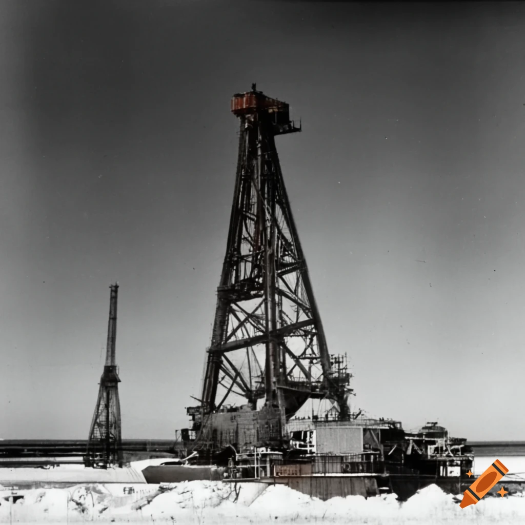 Oil derrick in the western siberian oil field during 1960 on Craiyon