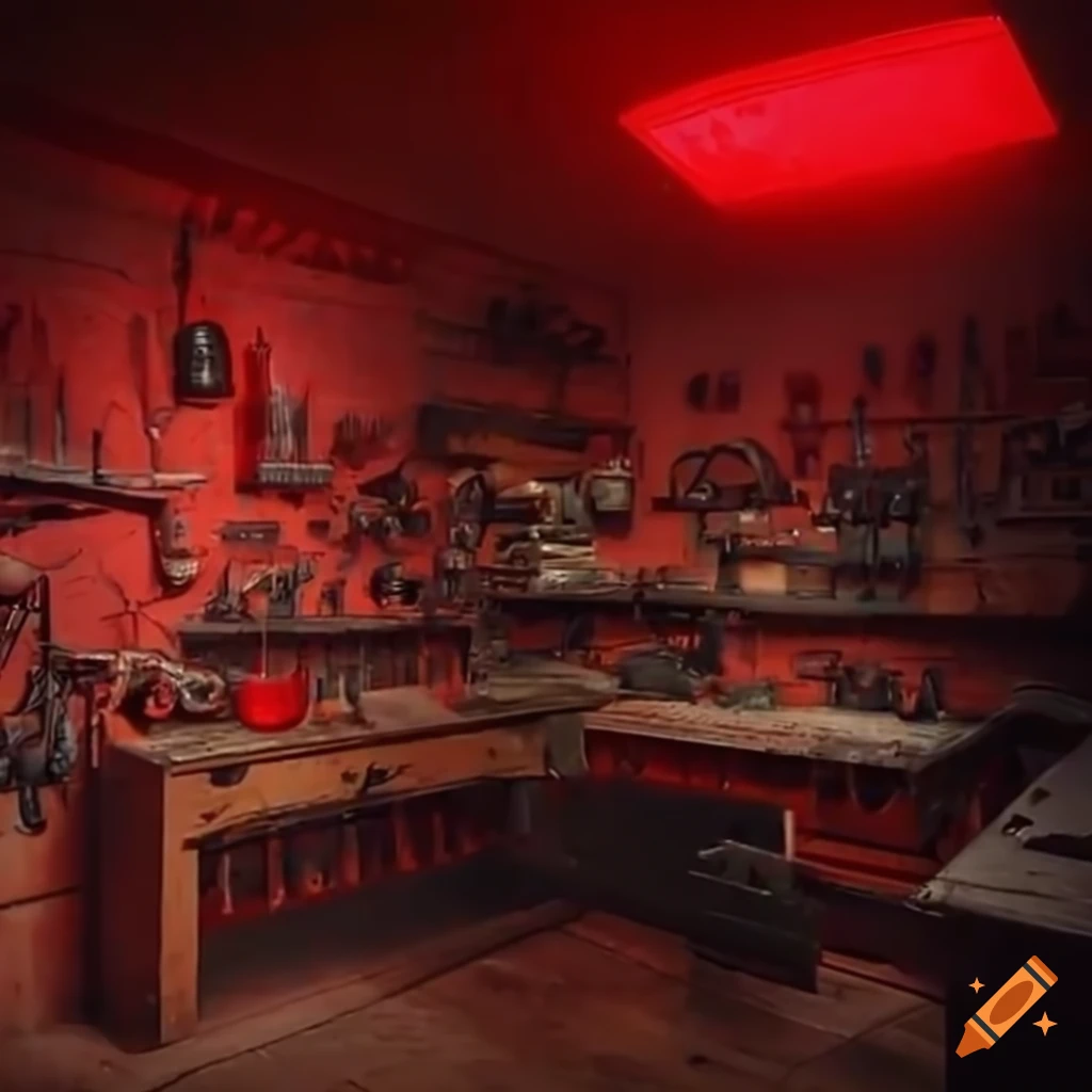 Gunsmith workshop with unique tools under red lighting on Craiyon