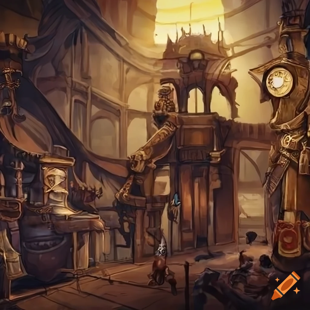 Large steampunk inventors' showcase fair in fantasy art style on Craiyon