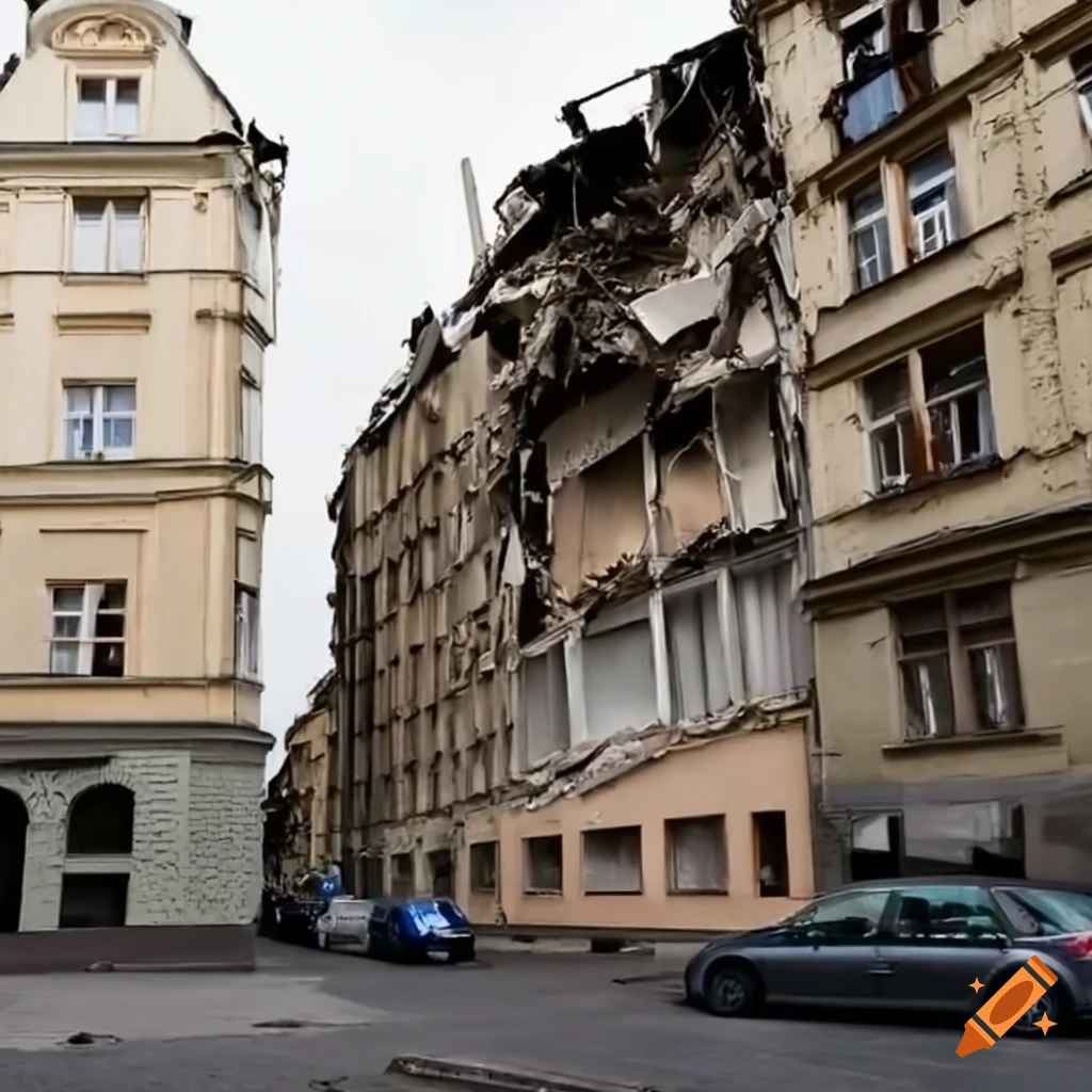 Devastated and demolished old baroque apartment building in prague on ...