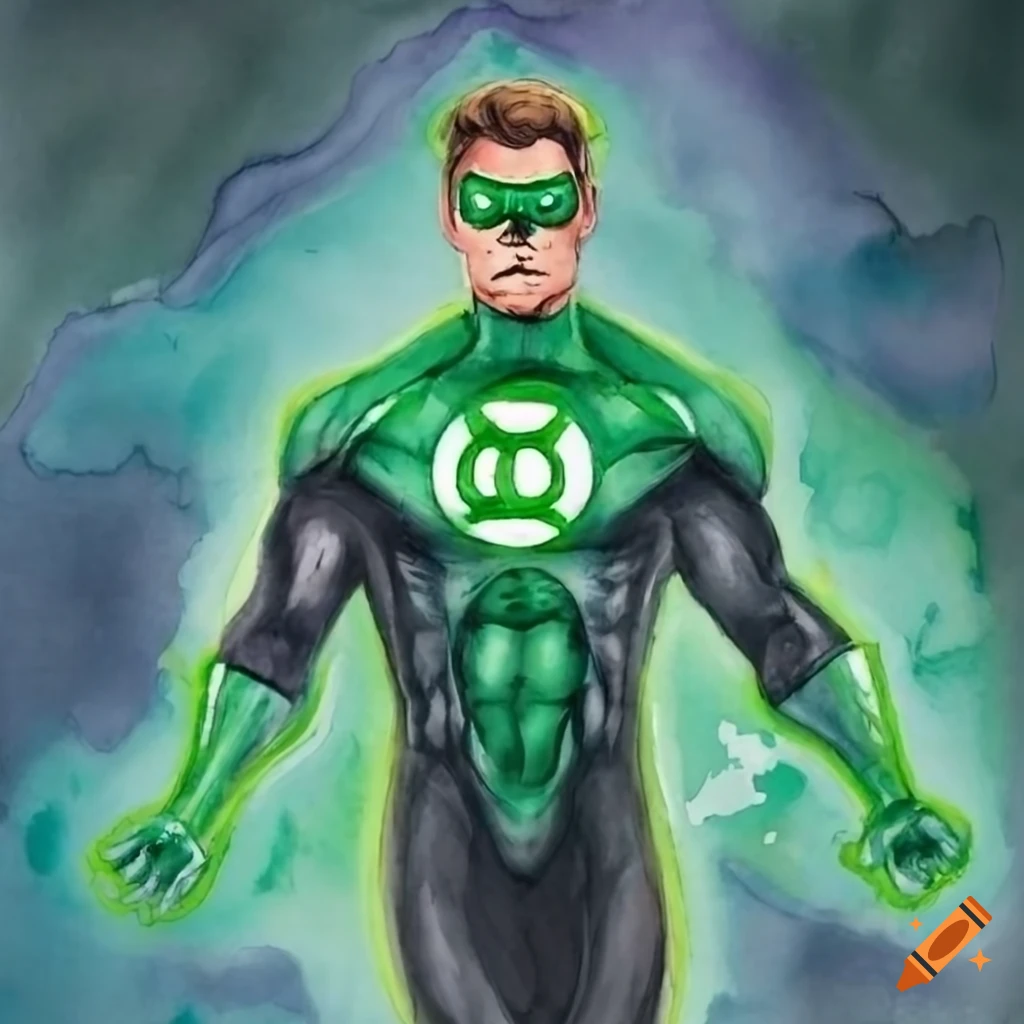Green lantern in a heroic pose with shimmering emerald light from his ...