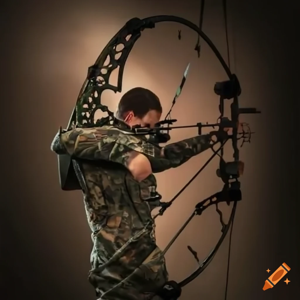 Bowhunter aiming with compound bow in a valley on Craiyon