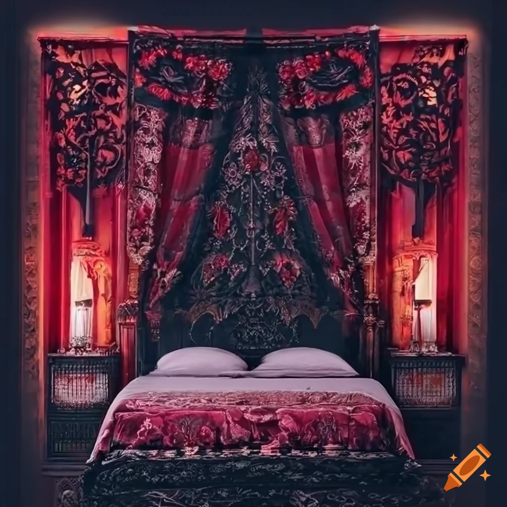 Whimsical Gothic bedroom in strawberry hues illuminated by candlelight ...