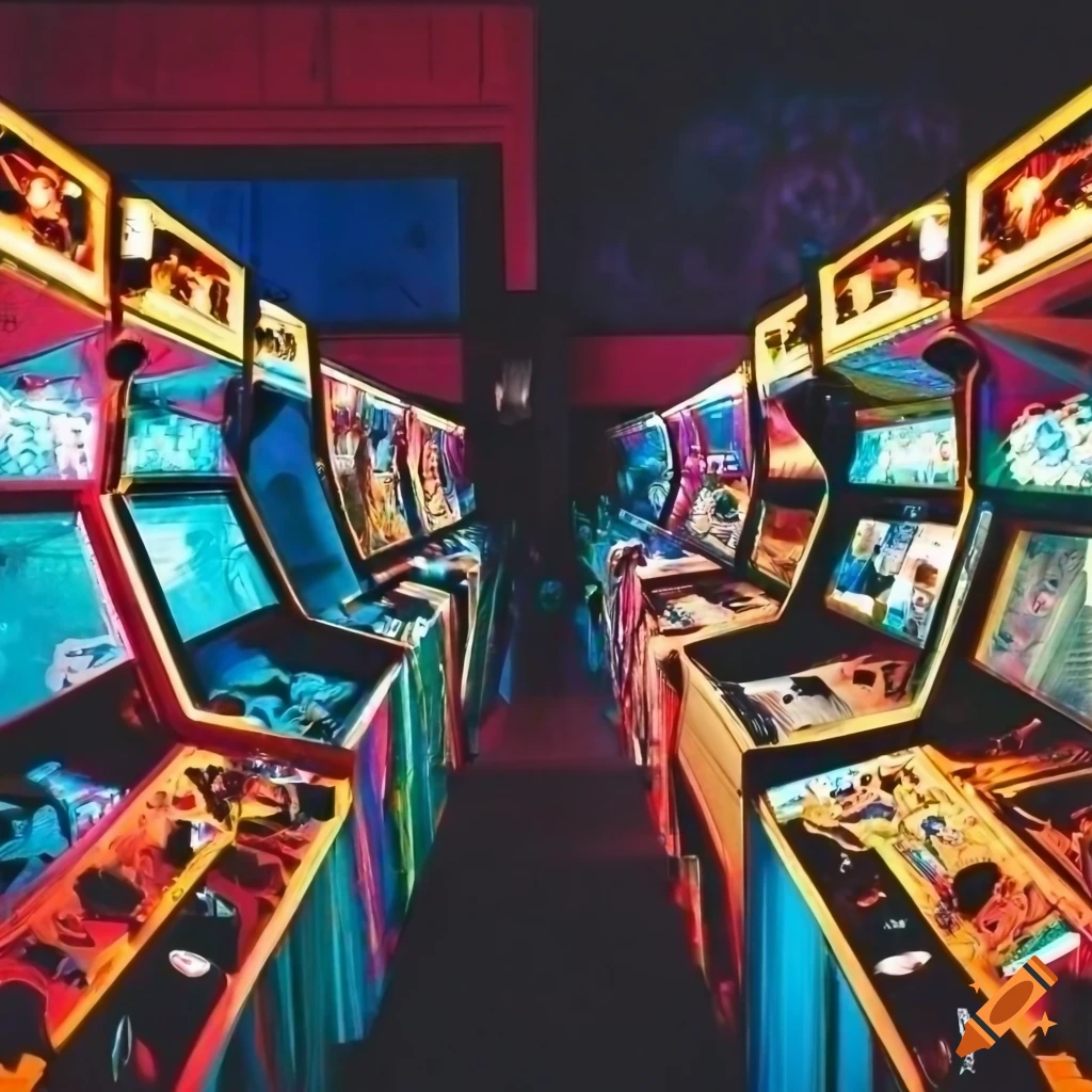 Large arcade room with led lights and rows of arcade machines on Craiyon