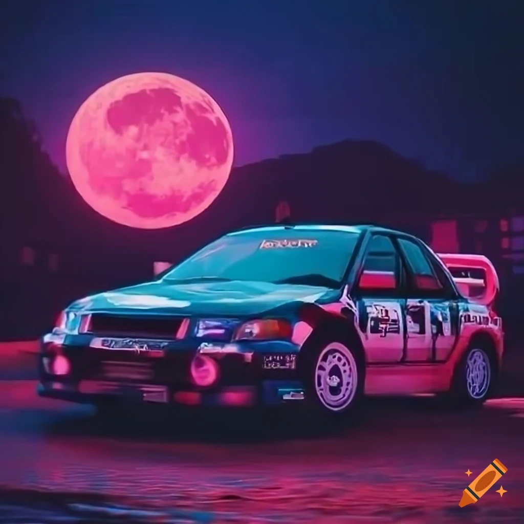 Mitsubishi lancer viii rally car in neon cities under moonlight on Craiyon