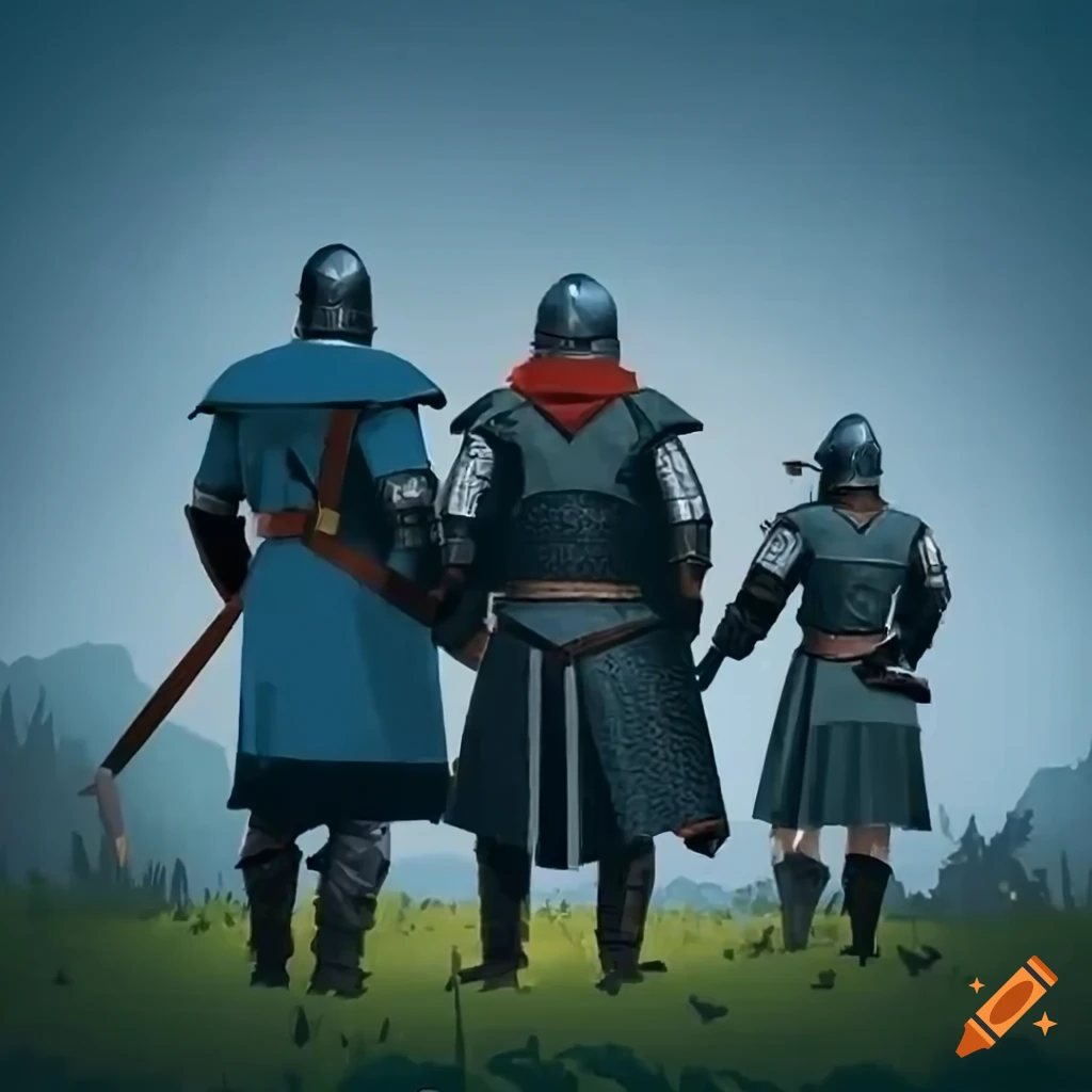 Rpg battle scene with three heroes holding medieval weapons on Craiyon