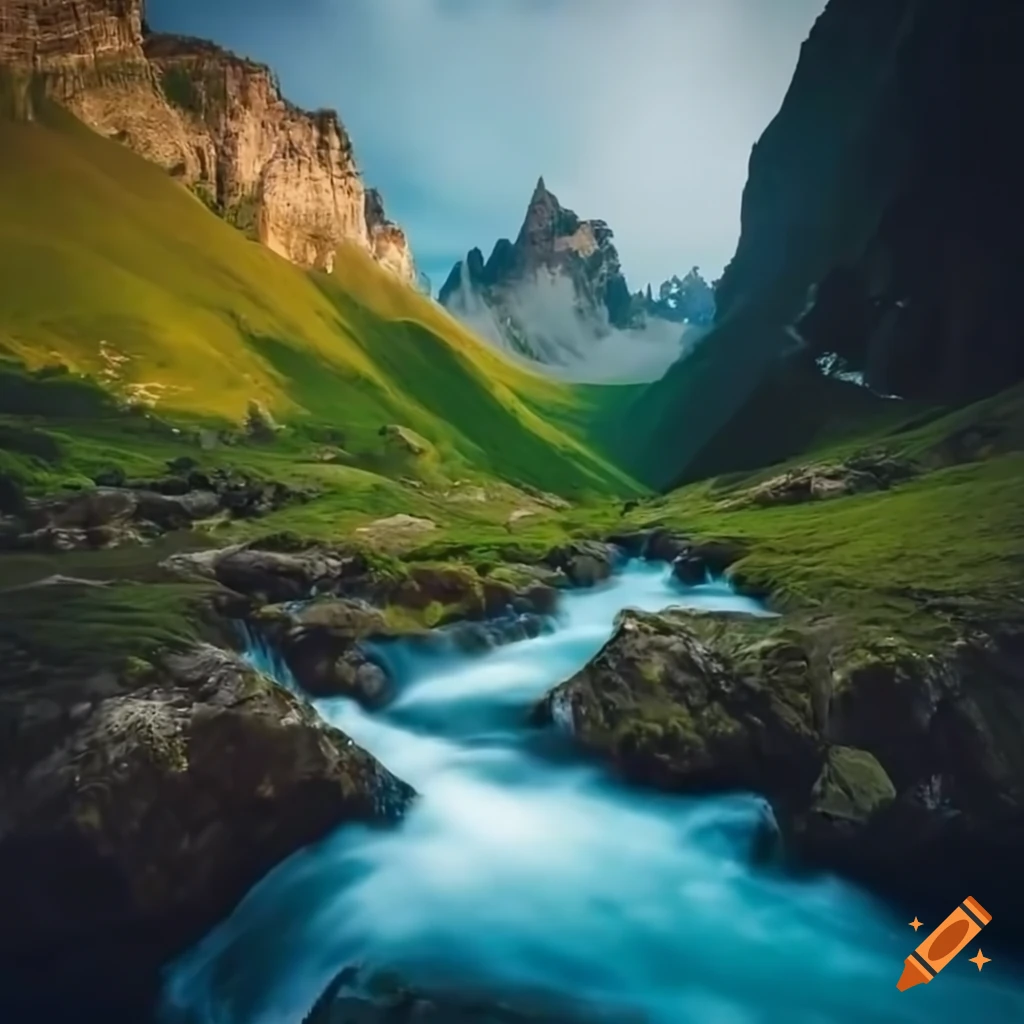 Dramatic cliffside in sunlit alpine valley with waterfalls and river on ...