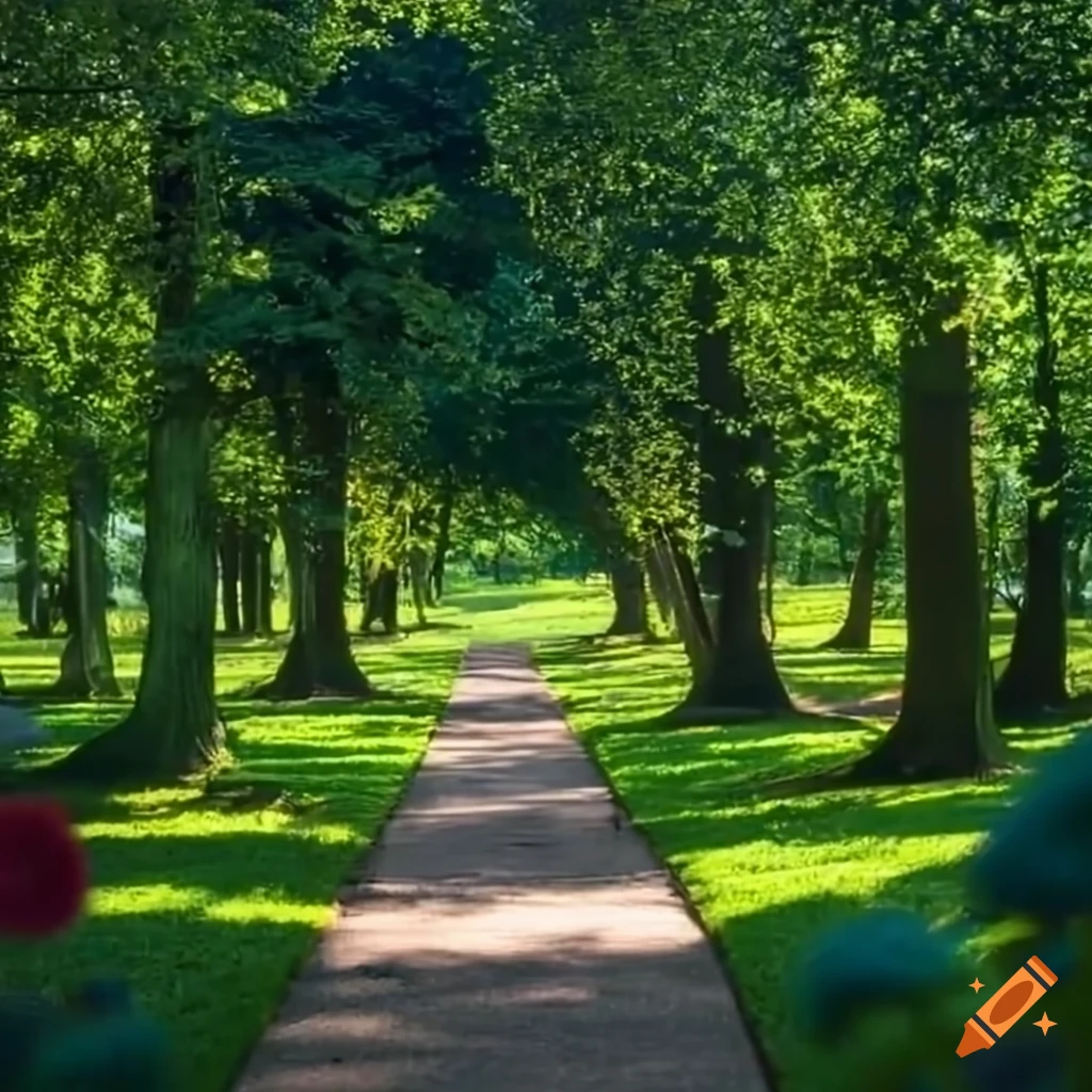Strolling through a park with trees, pathways, and a rose garden on Craiyon