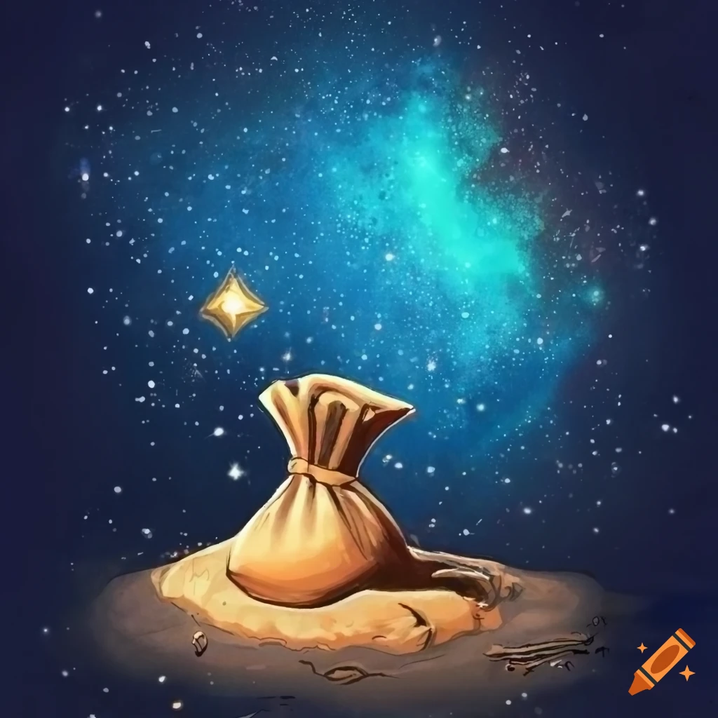 Bag of sand spilling across the stars in comic art style on Craiyon
