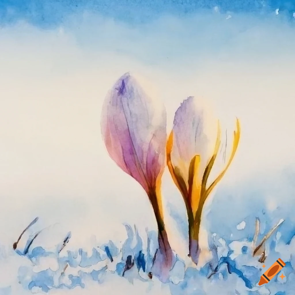 Icy white snow field with budding crocus flowers in early morning light ...