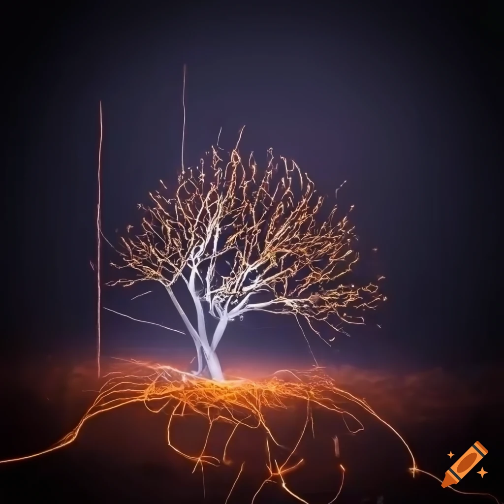Intricate aluminum tree with metal sparks in a spring landscape on Craiyon