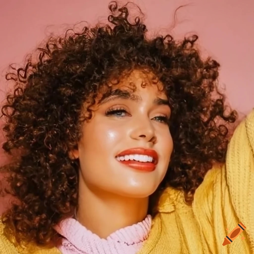 Beautiful woman with long brown curly hair, yellow shirt, pink sweater ...