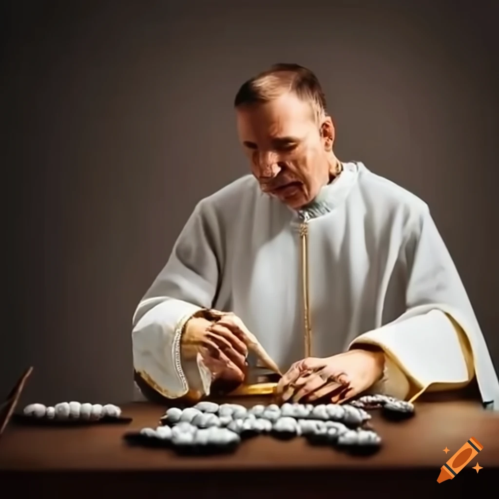 White priest making bead necklace at table on Craiyon