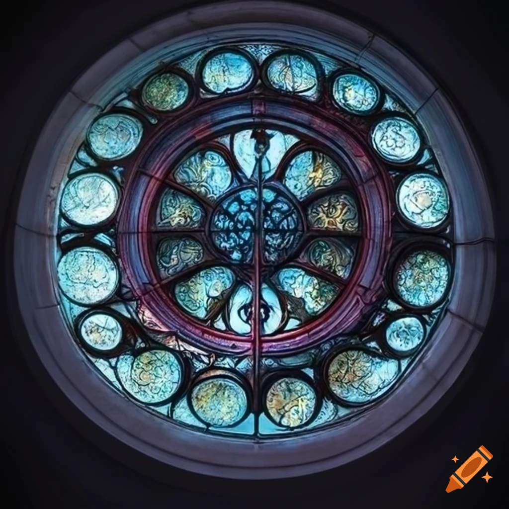 Gothic circular window backlit by moon glow at night on Craiyon