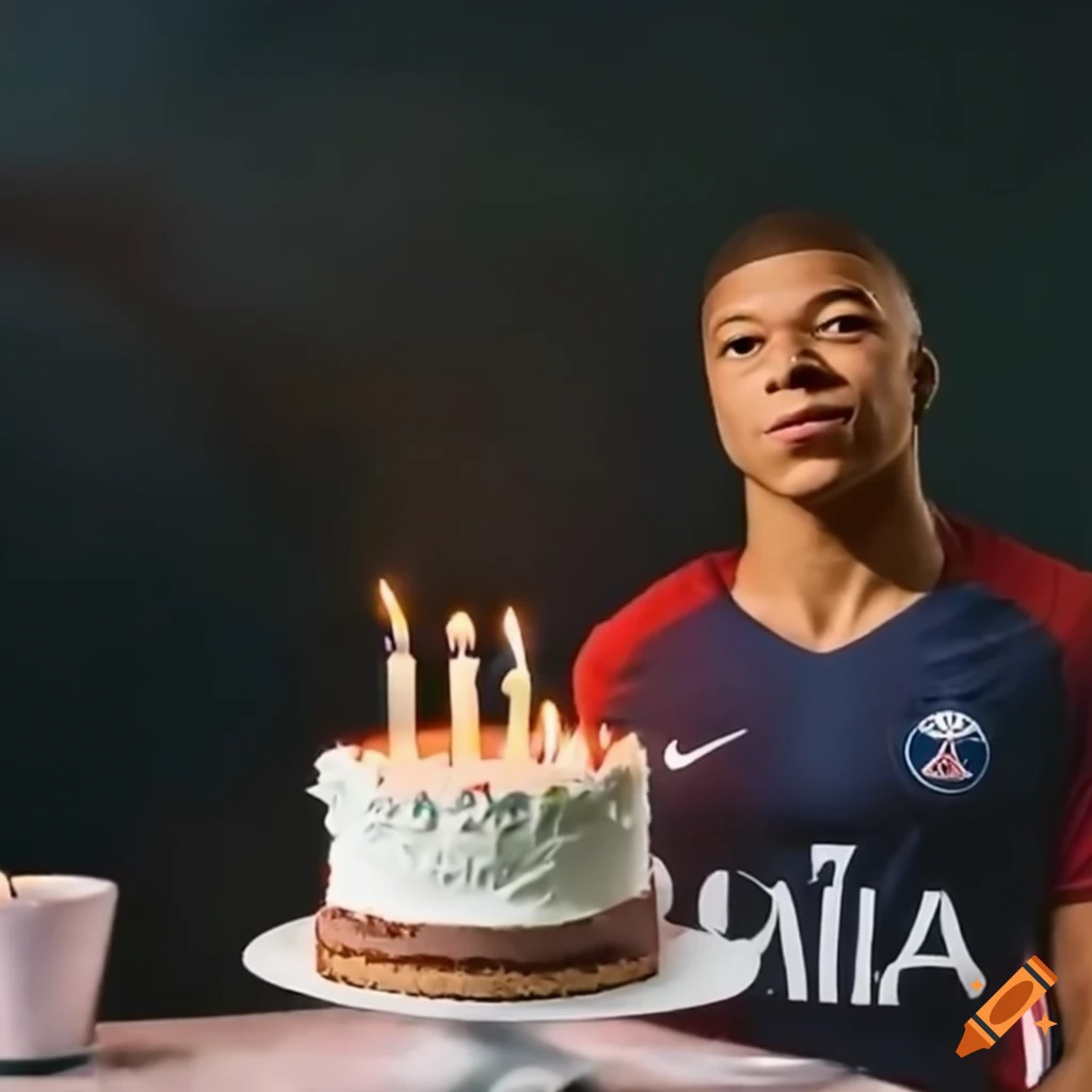 Kylian mbappe holding a birthday cake with candles on Craiyon