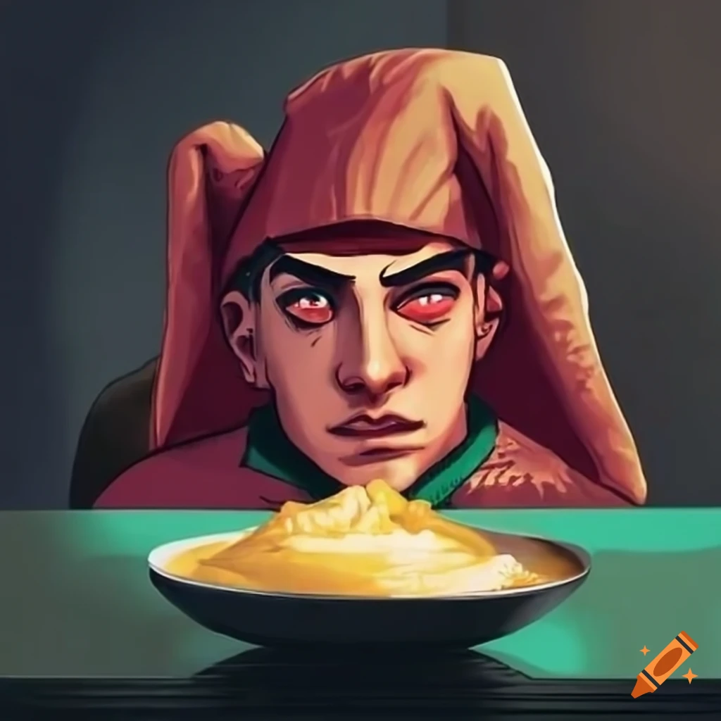 Passionate young Vulcan chef in Starfleet cap preparing a meat dish on ...