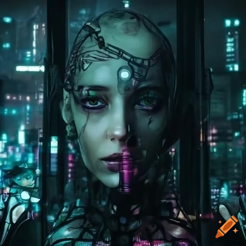 Cyborg goddess with human-cybernetic features in a dark cyberpunk ...