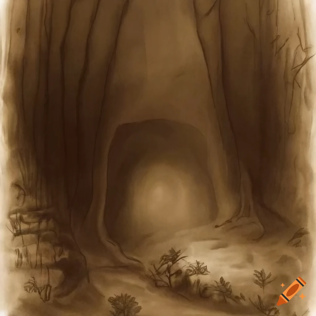 Detailed sepia pencil illustration of foggy cave entrance with forest ...