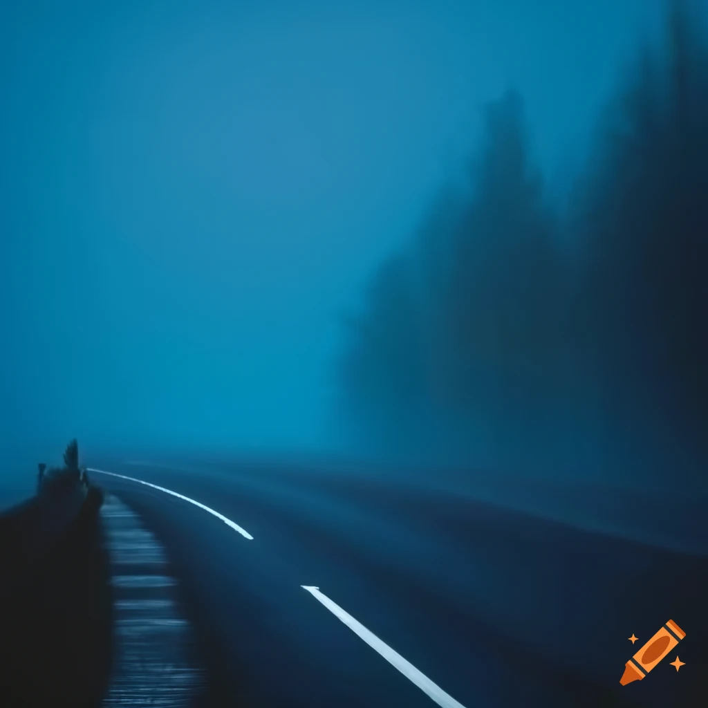 Sport car on a dark blue road surrounded by a field with mild fog on ...