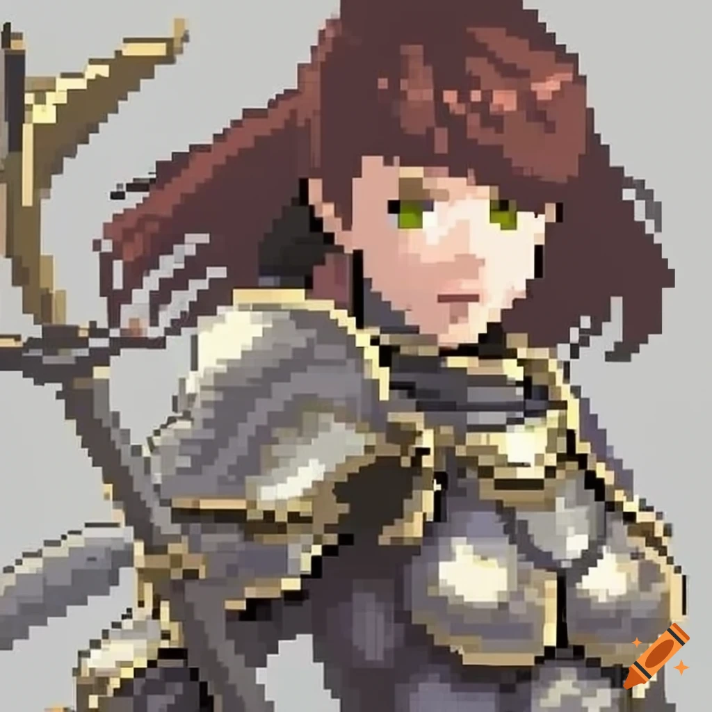 2D pixel art brunette woman in armor in a J-RPG retro game style on Craiyon