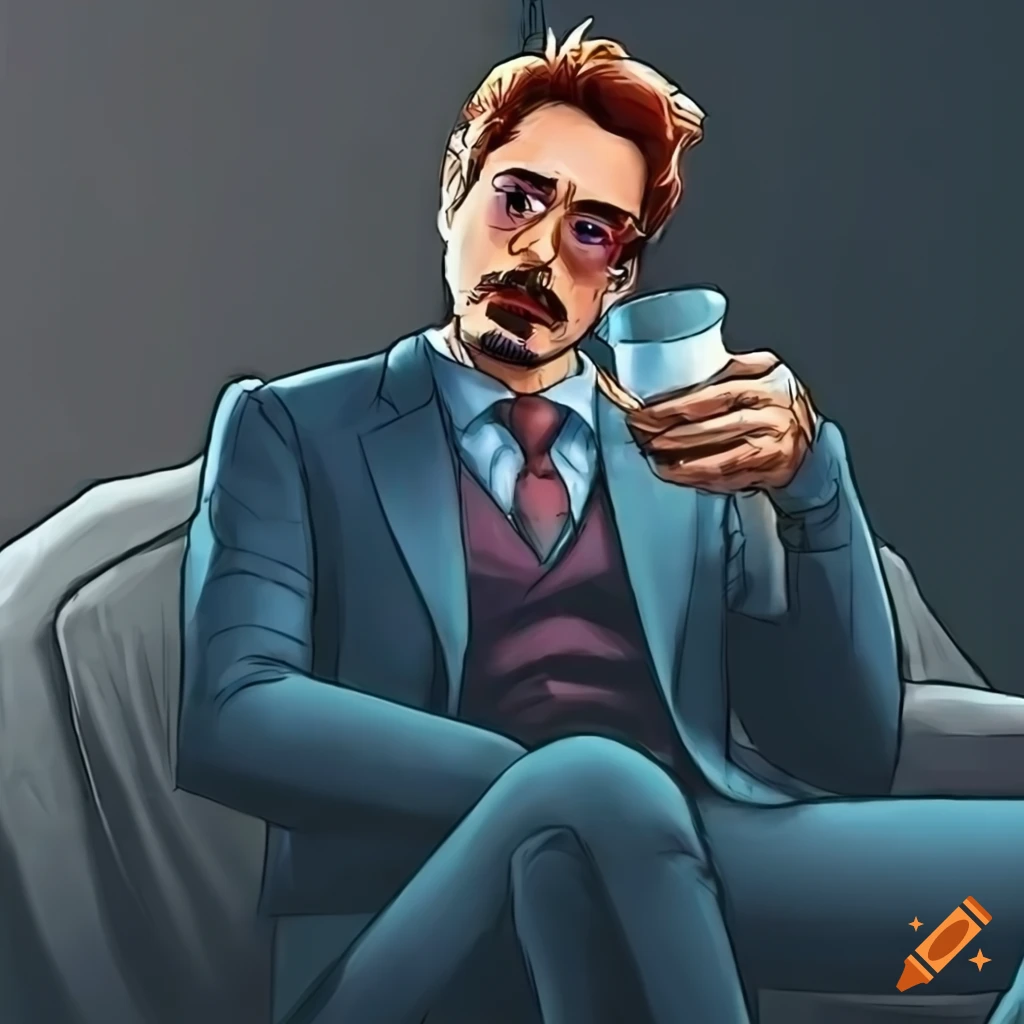 Tony Stark relaxing on a couch with a latte on Craiyon