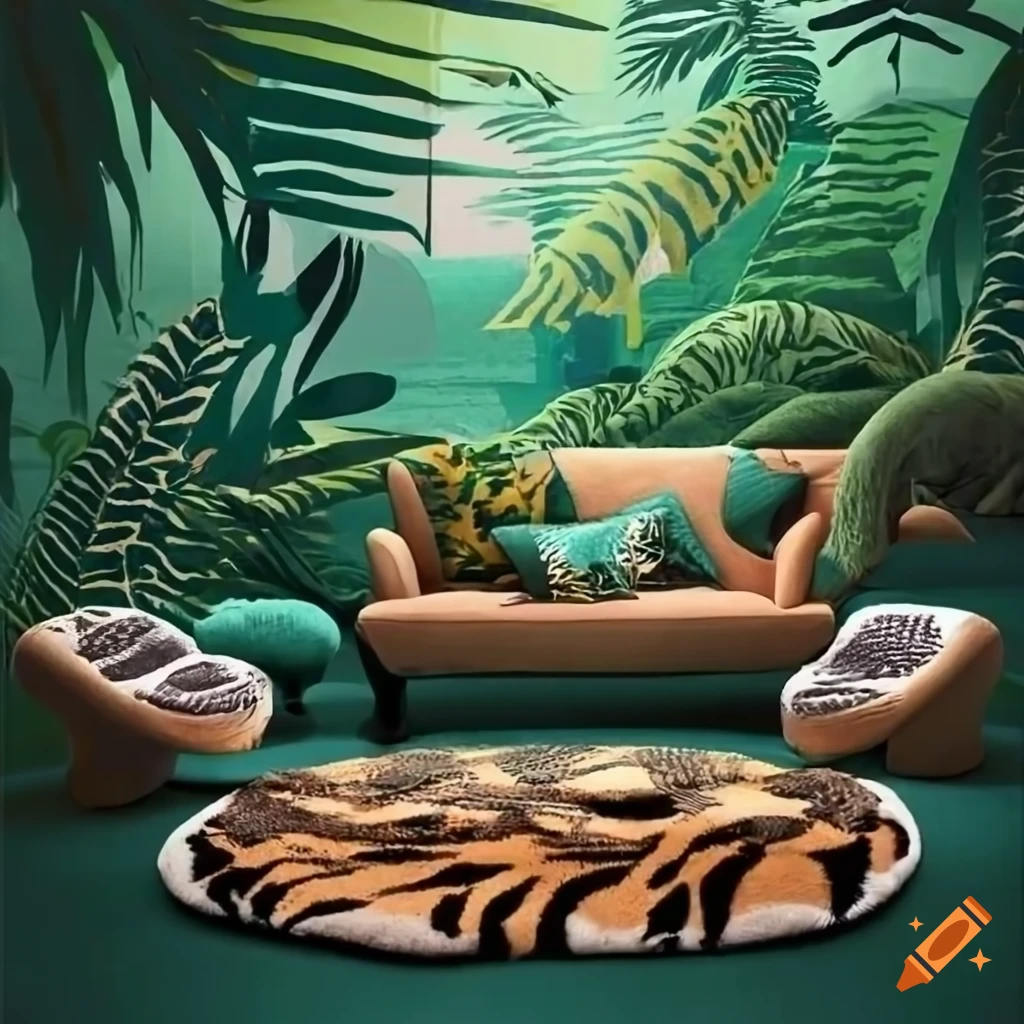 Jungle-themed lounge room with a tiger rug on Craiyon
