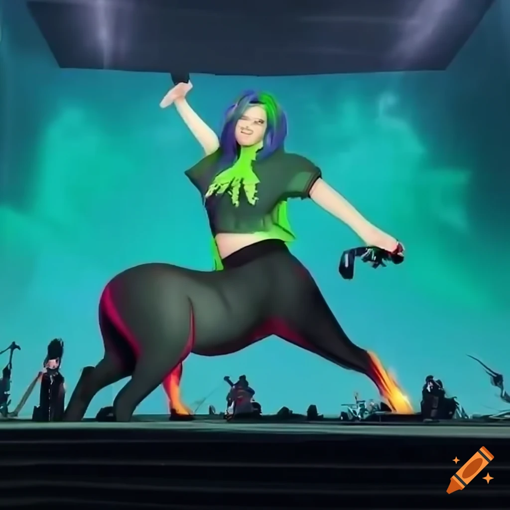 Billie eilish as a green centaur on stage with horse legs on Craiyon