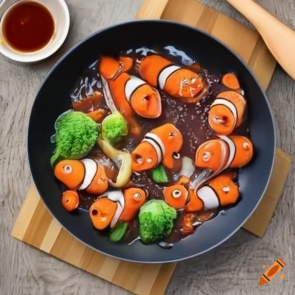 Finding nemo stir-fry in a frying pan on Craiyon