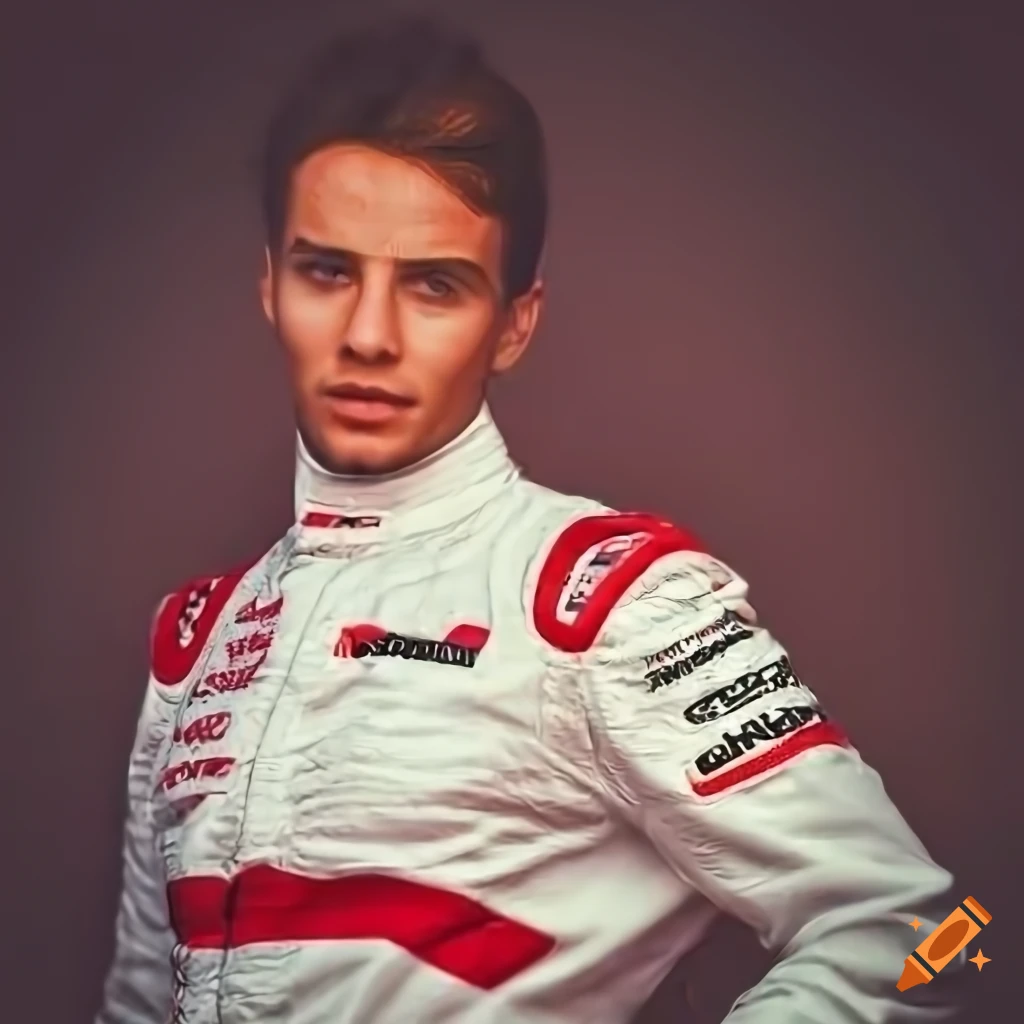 F1 racer in Marlboro-colored suit with focus on face on Craiyon