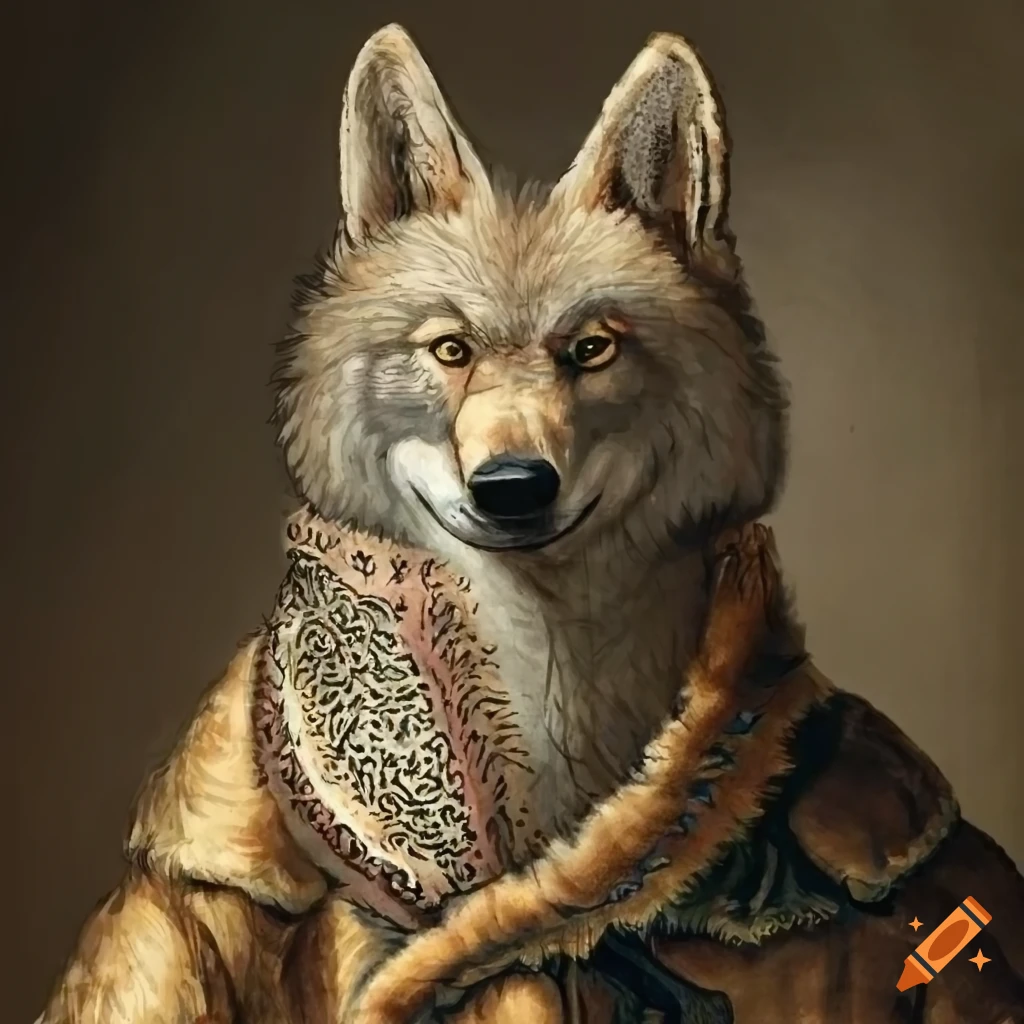 Noble wolf in a 17th-century fur robe intricately shaded on Craiyon